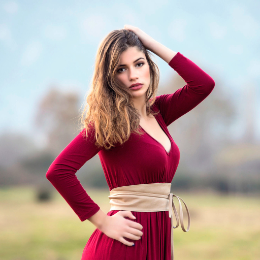 Download Red Dress Brown Eyes Blur Brunette Model Woman PFP