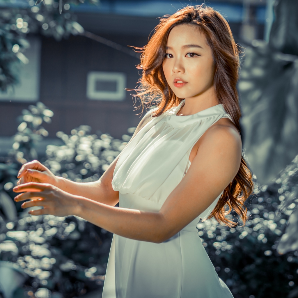 Download Brown Eyes Brunette Long Hair White Dress Asian Model Woman PFP