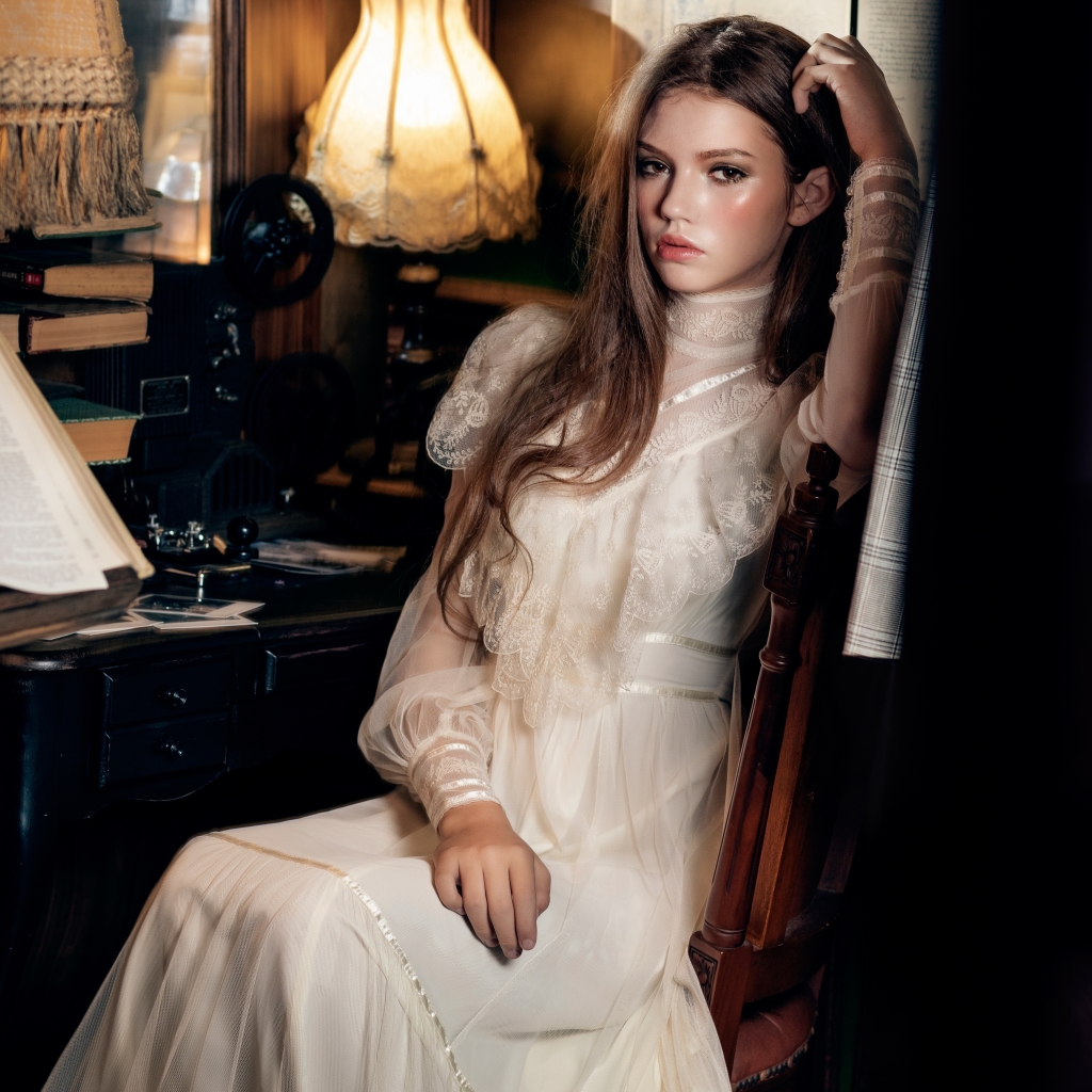 Download Brown Eyes Brunette Book Long Hair White Dress Model Woman PFP